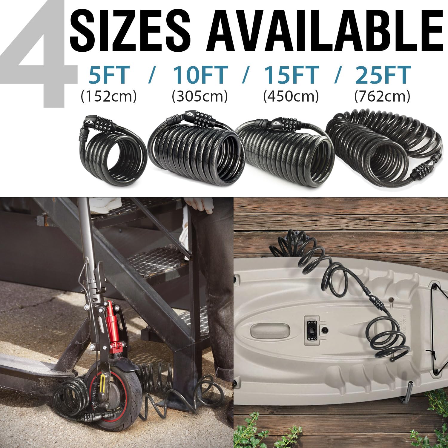 MARQUE Combination Bike Lock Cable- 3/8 inch (5FT, 10FT, 15FT, 25FT) Resettable Combination Lock, Anti-Theft Coiled Secutiry Cable for Bicycles, Kayaks, Paddle Boards, Gates&Outdoor Gear (10 FT)