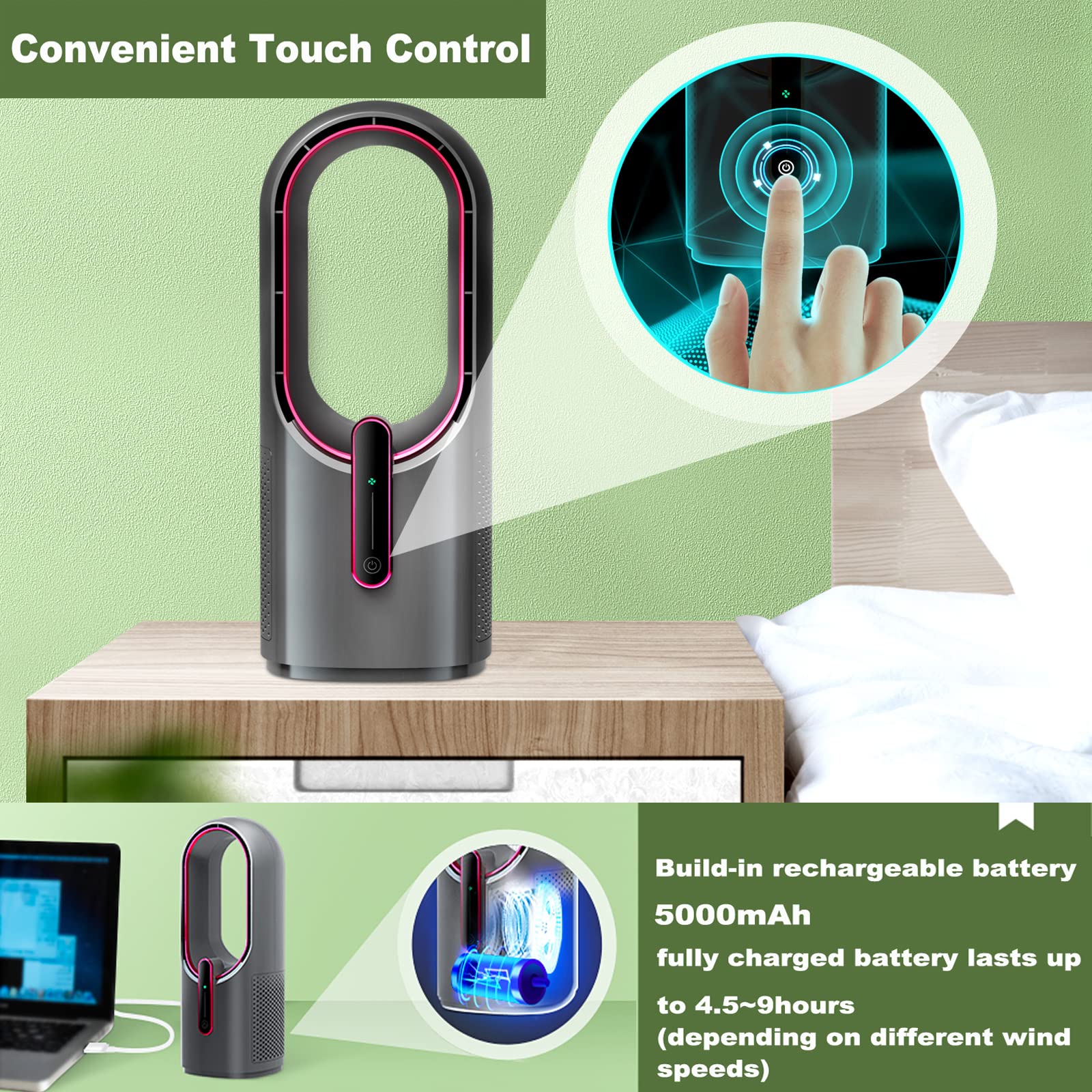 Misby Desk Fan, Bladeless Desk Fan with 3-Speed Options, Quiet Cooling, Touch Control Personal Fan for Desk Home, Office, Bedroom (Grey)