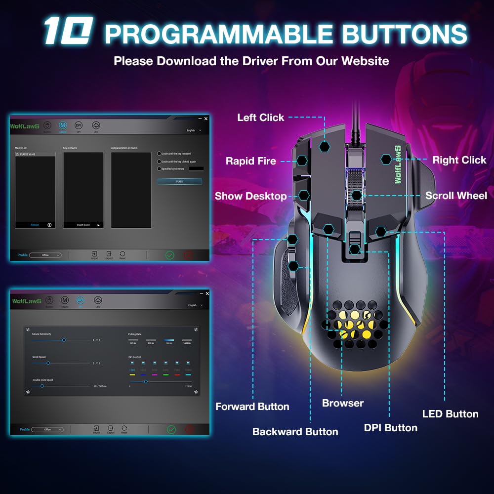 WolfLawS Wired Gaming Mouse, Computer PC Gaming USB Mice with 12 RGB Backlit Modes, High-Precision Adjustable 12800 DPI, 10 Programmable Buttons, Ergonomic Plug Play Gamer Mouse for Laptop Mac