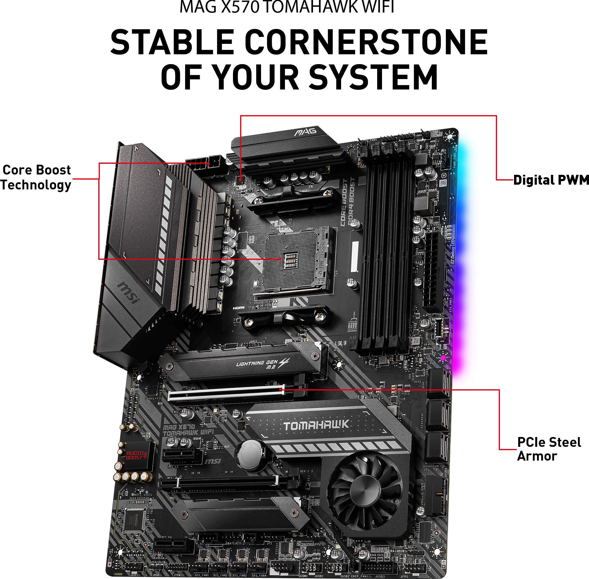 MSI MAG X570 TOMAHAWK WIFI Motherboard (AMD AM4, DDR4, PCIe 4.0, SATA 6Gb/s, M.2, USB 3.2 Gen 2, AC Wi-Fi 6, HDMI, ATX)