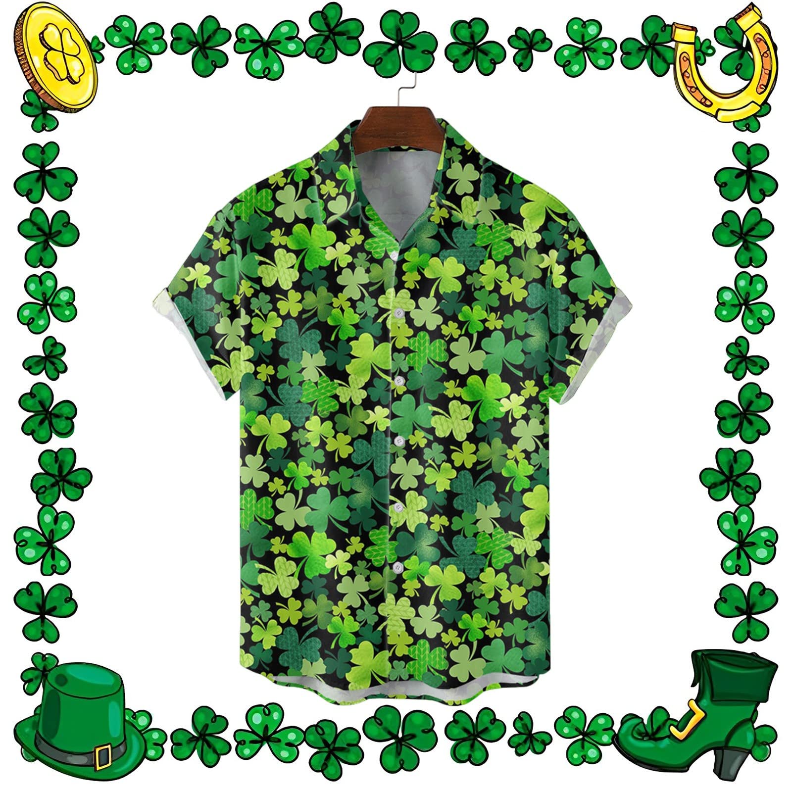 St. Patrick's Day Hawaiian Shirt for Men Irish Printed Casual Short Sleeve Button Down Beach Shirts Tops
