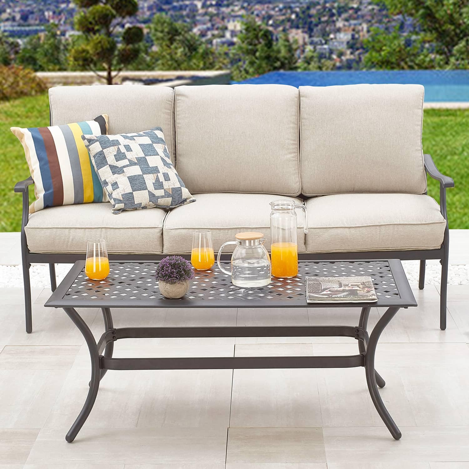 PatioFestival Patio Conversation Set Cushioned Outdoor Furniture Sets with All Weather Frame (4Pcs, Beige)