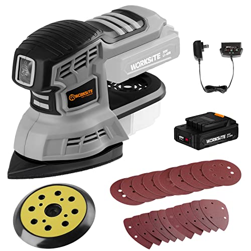 WORKSITE 20V MAX Cordless Random Orbital Sander & Detail Sander, Multi-Purpose Hand Sander w/2.0A Battery & Charger, 20pcs Sanding Discs, Dust Collector and Mouse Pad