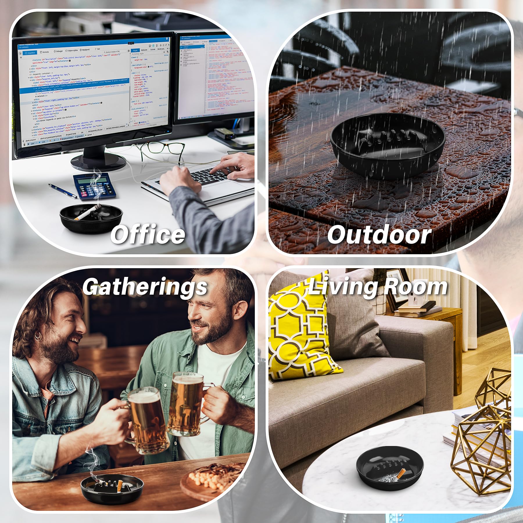 Monoture Ash Tray Outdoor Ashtray for Patio、Home、Office Use,Cool Plastic Ashtrays for Cigarettes, Home Ashtrays With 5 Cigarette Ports,ashtray for outside-4 Pack Black