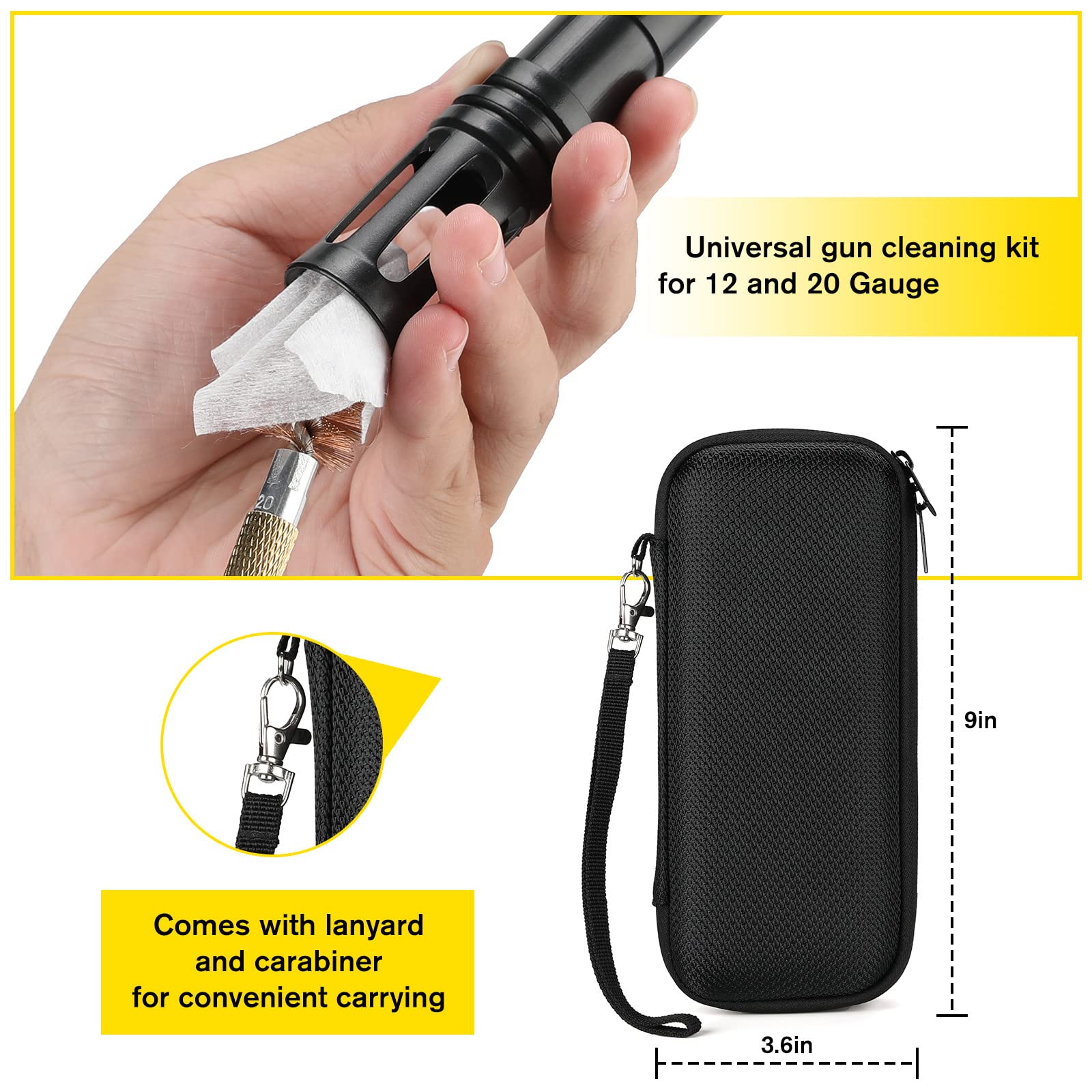 ProCase Gun Cleaning Kit for 12 and 20 Gauge, Zippered Compact Portable Case with Brushes, Slotted Tips, Cleaning Pick and Cotton Mop -Black