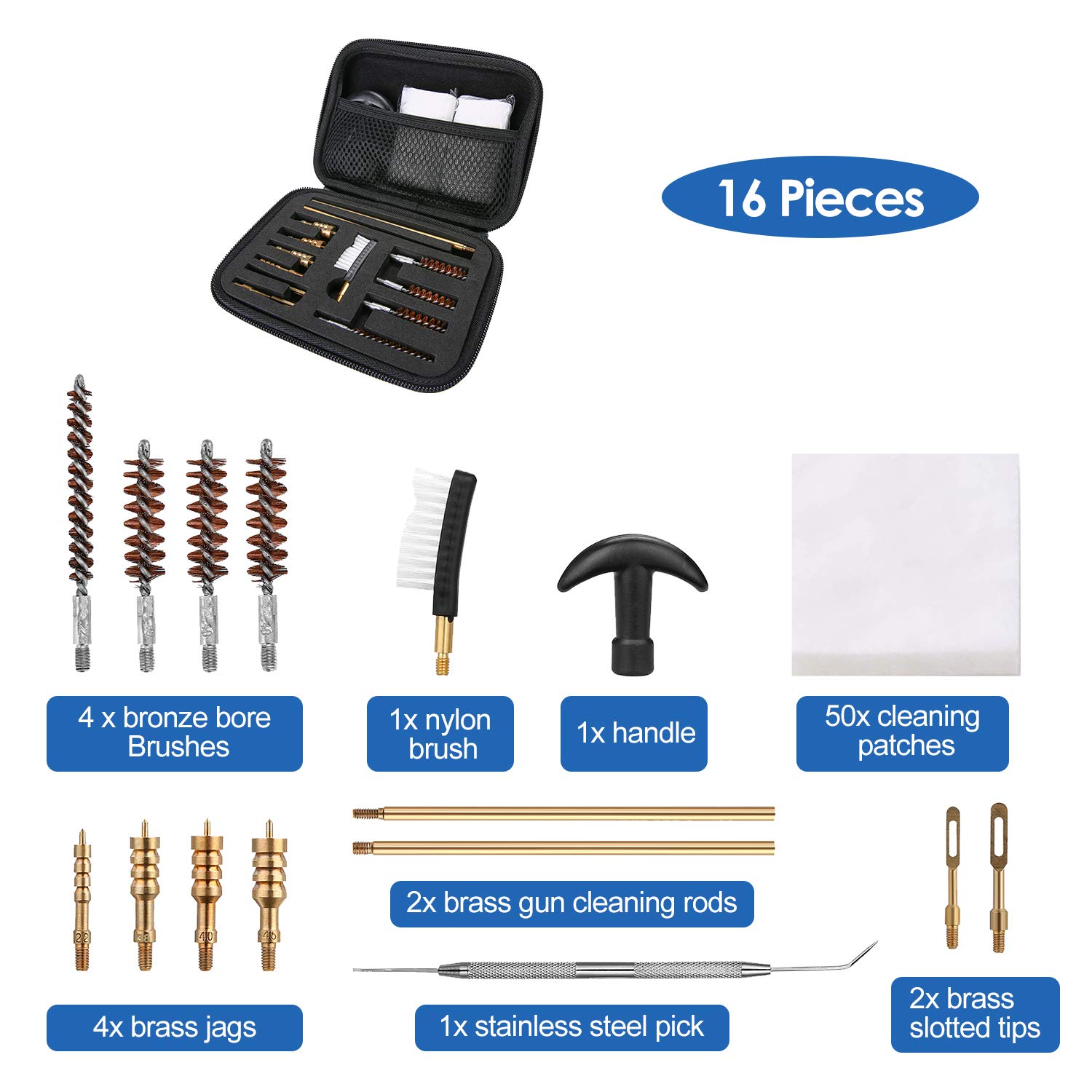 ProCase Universal Handgun Cleaning Kit for .22 .357 .38, 9mm .40 .45 Caliber Pistol, Zippered Compact Case with Brass Brush, Jag, Slotted Tip, Cleaning Pick, Cleaning Rod and Cleaning Patches -Black