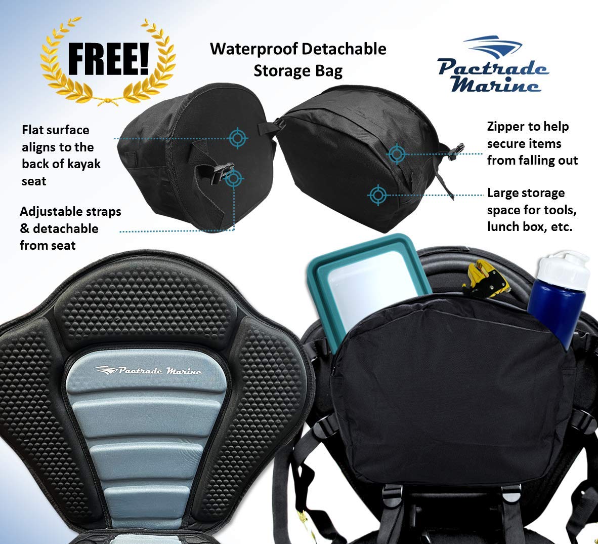 Pactrade Marine Adjustable Straps Black Gray Extra Padded Deluxe Kayak Seat Detachable Storage Backpack Bag Canoe Backrest Support Cushion Sit On Top Fishing Brass Clips Canoeing Kayaking Rafting (2)