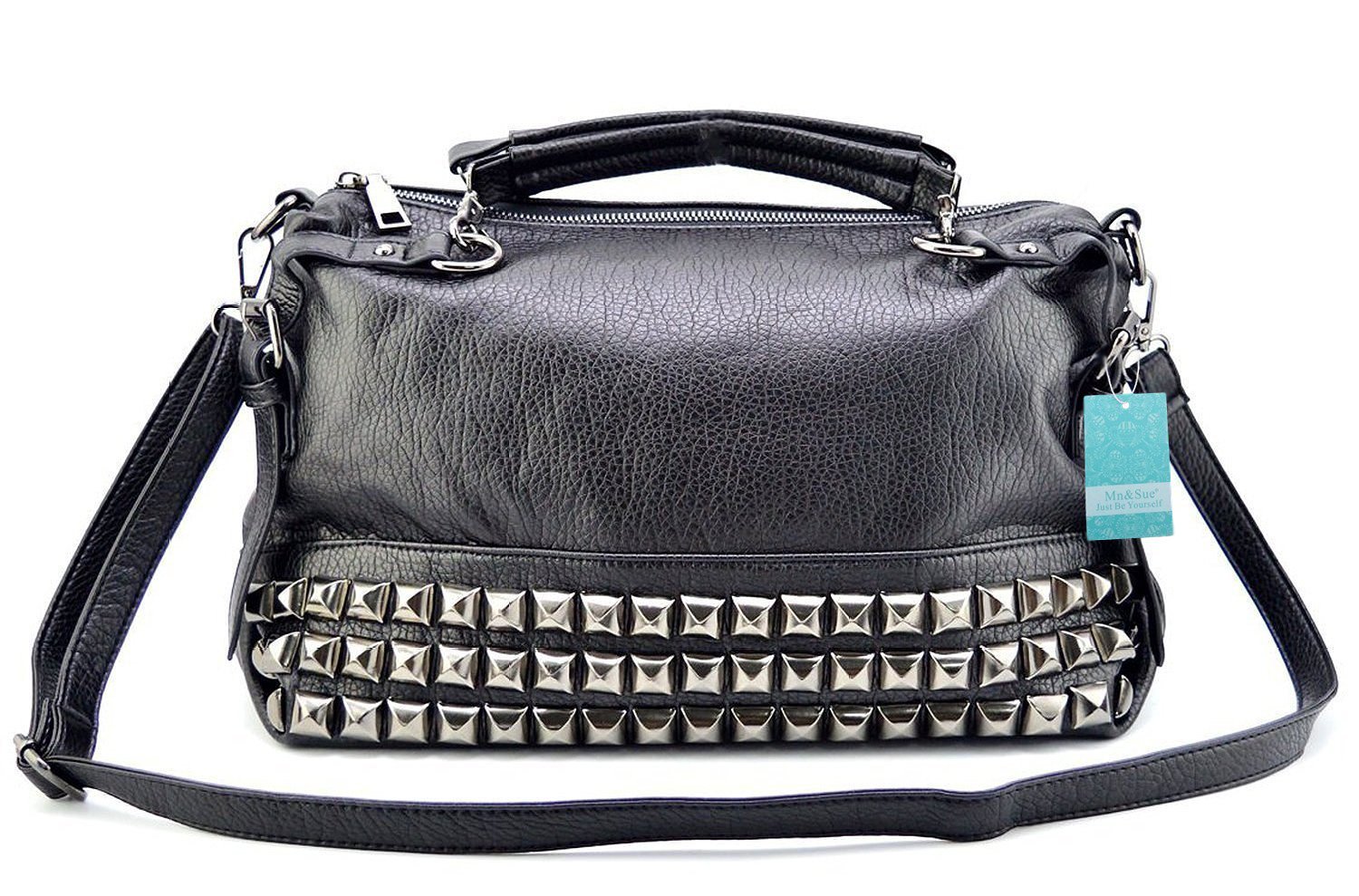Mn&Sue Modern Punk Pu Leather Cross Body Silvery Rivet Studded Shoulder Nightclub Hobo Handbag for Lady