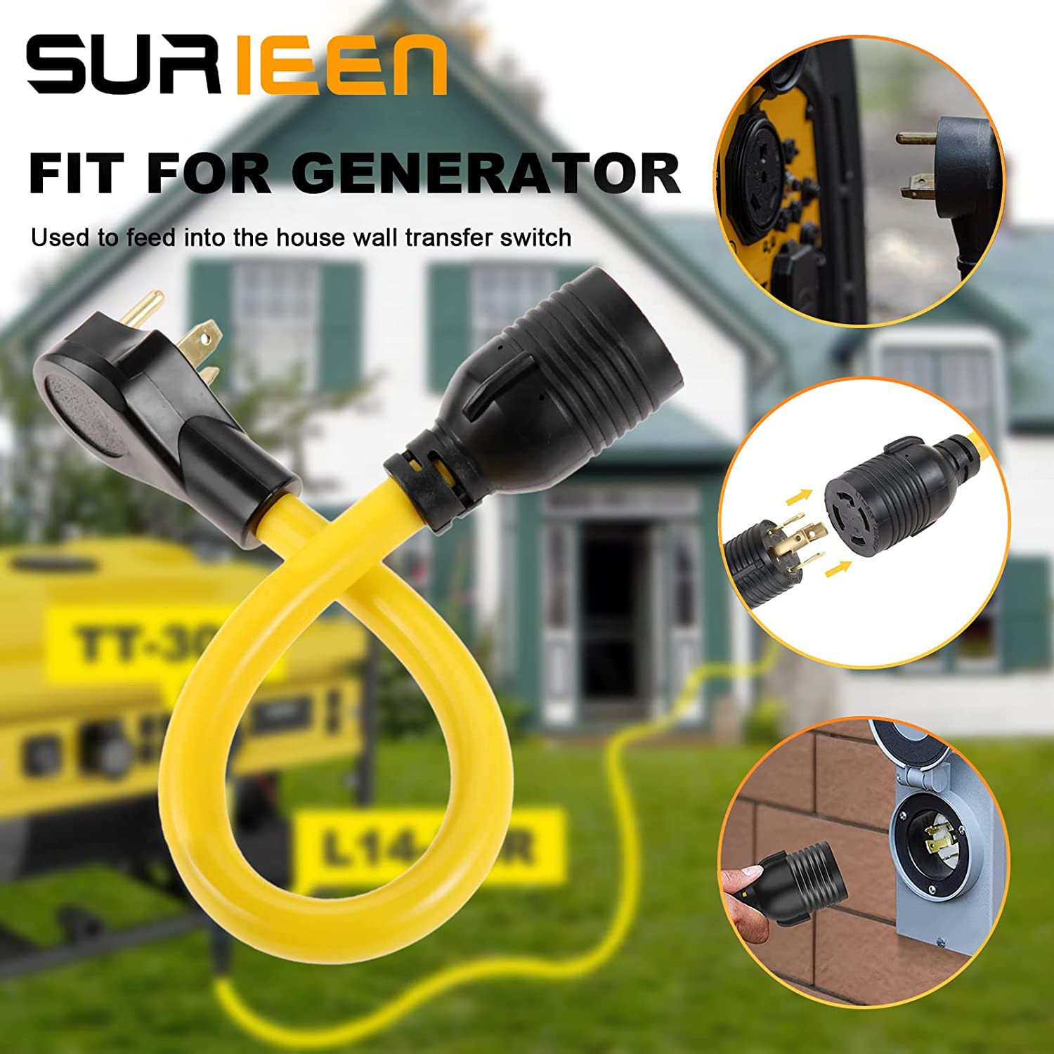 SURIEEN NEMA TT-30P to L14-30R Adapter Cord, 30 Amp 3 Prong to 4 Prong Generator Plug Adapter, Generator Transfer Switch Adapter Cord, RV Generator Plug to Inlet Box, STW 10 AWG, 1.5FT