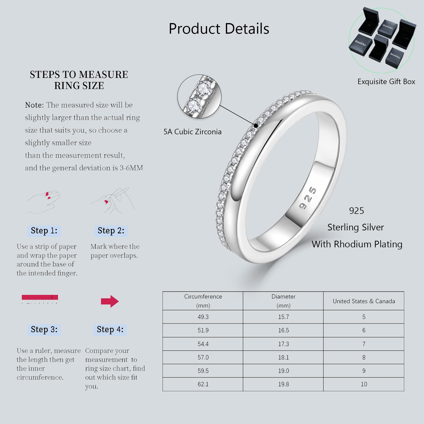 Romieka Rings Women's Eternity Ring 14K White Gold Plated 925 Sterling Silver 5A CZ Anniversary Wedding Engagement Ring, Size9