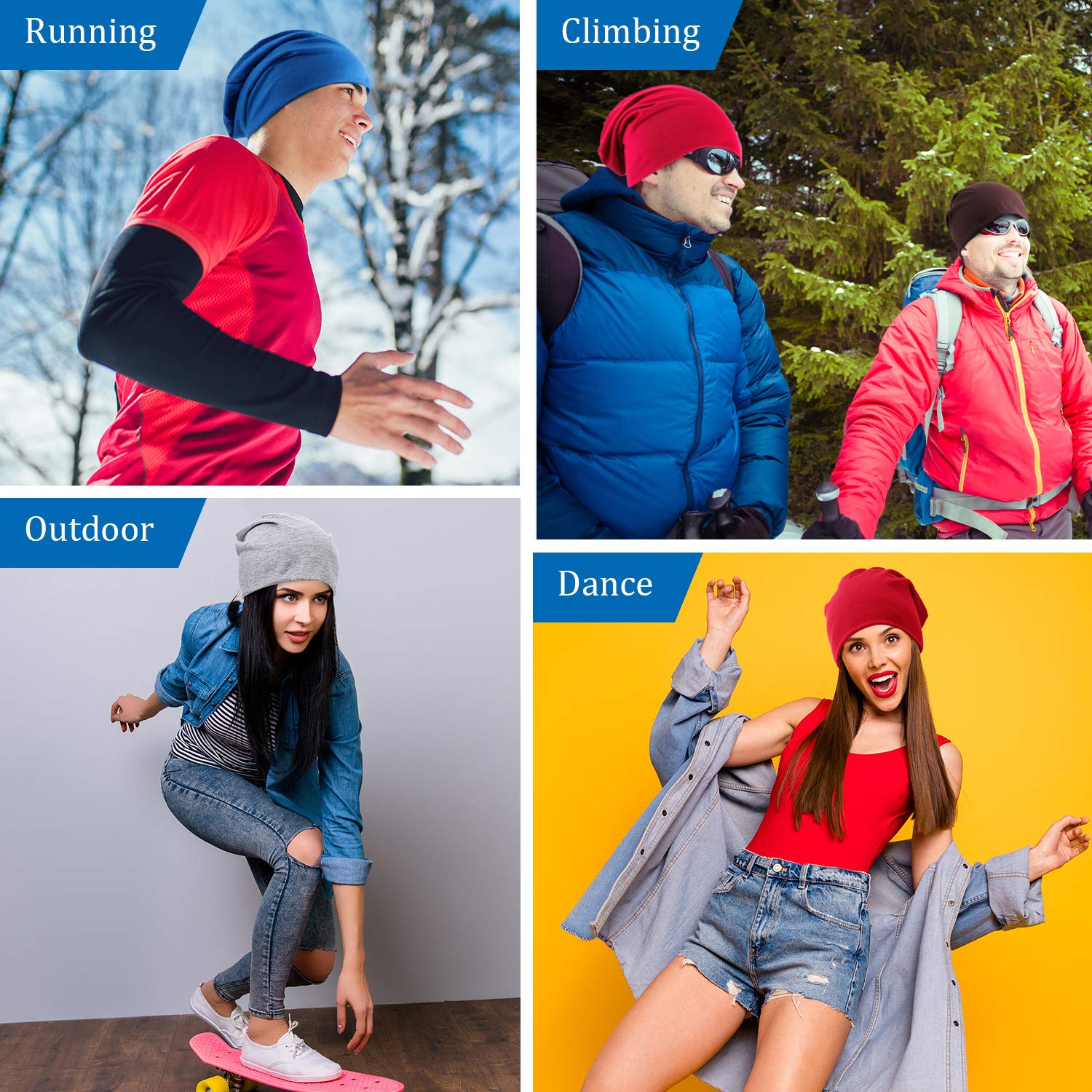 Outus 4 Pieces Thin Knit Slouchy Cap Beanies Hat Unisex Hip-Hop Sleep Cap Dwarf Hat (Dark Blue, Dark Brown, Light Gray, Red)