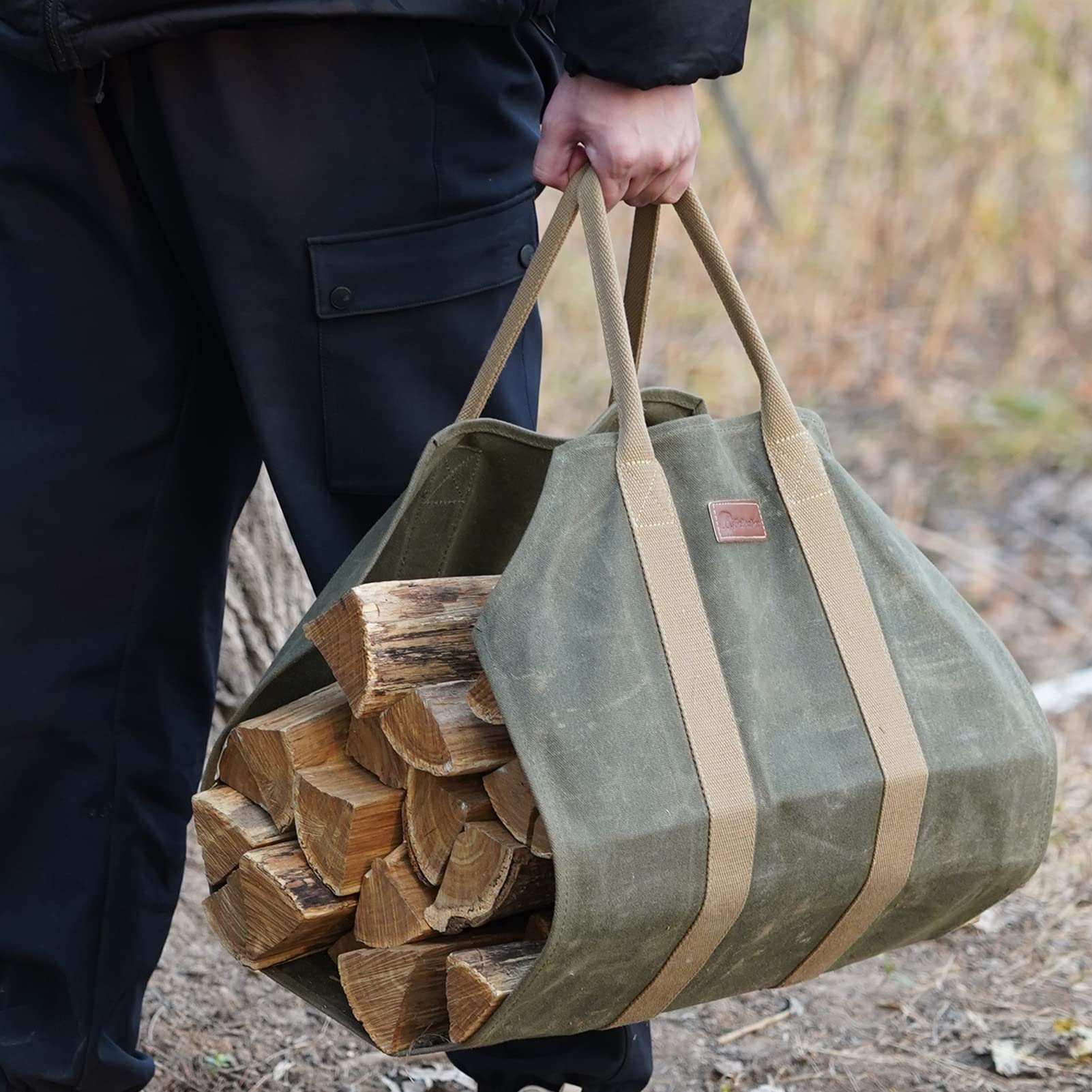 MYFIREPLACEDIRECT Sturdy Waxed Canvas Firewood Log Carrier, Durable Firepalce Wood Bag with Reinforce Duty Straps