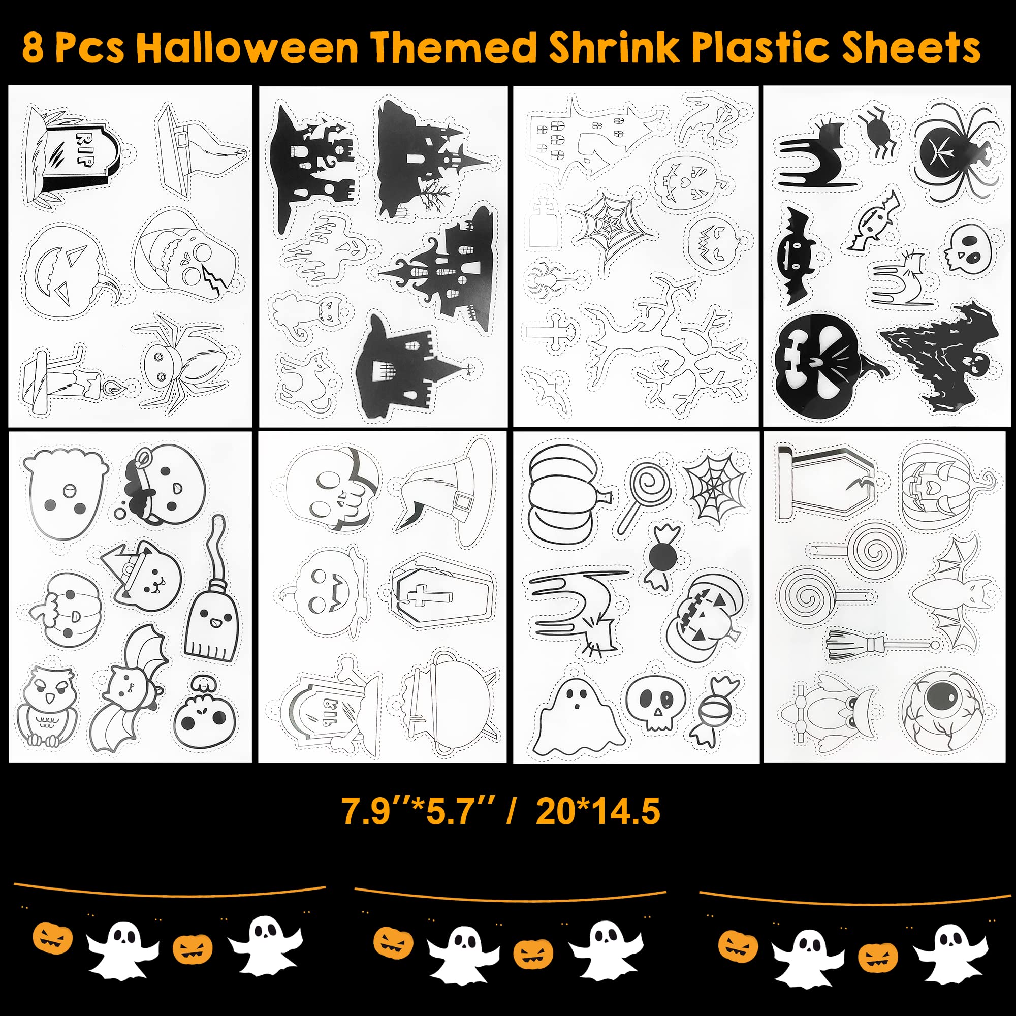 Warckon 141Pcs Halloween Shrink Plastic Kit Include 8 Pcs Traceable Halloween Shrinky Plastic Paper and 8 Pcs Blank Shrinky Plastic Sheets and 125 Keychains Accessories, for Kids Creative Craft