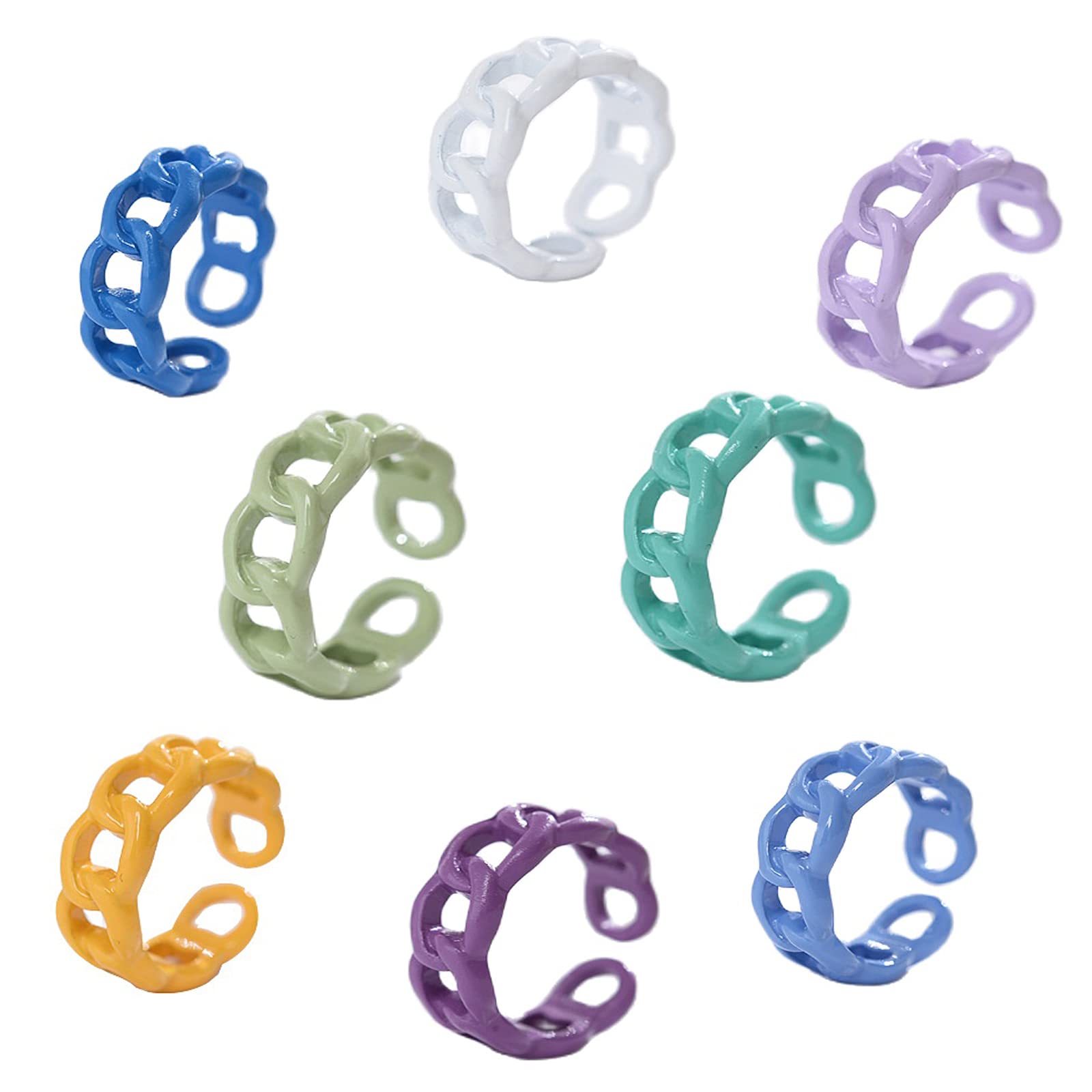 Punk Chunky Open Enameled Colorful Geometric Link Chain Stackable Adjustable Size Finger Ring Set Jewelry for Women Valentine's Day Birthday Gift-Set
