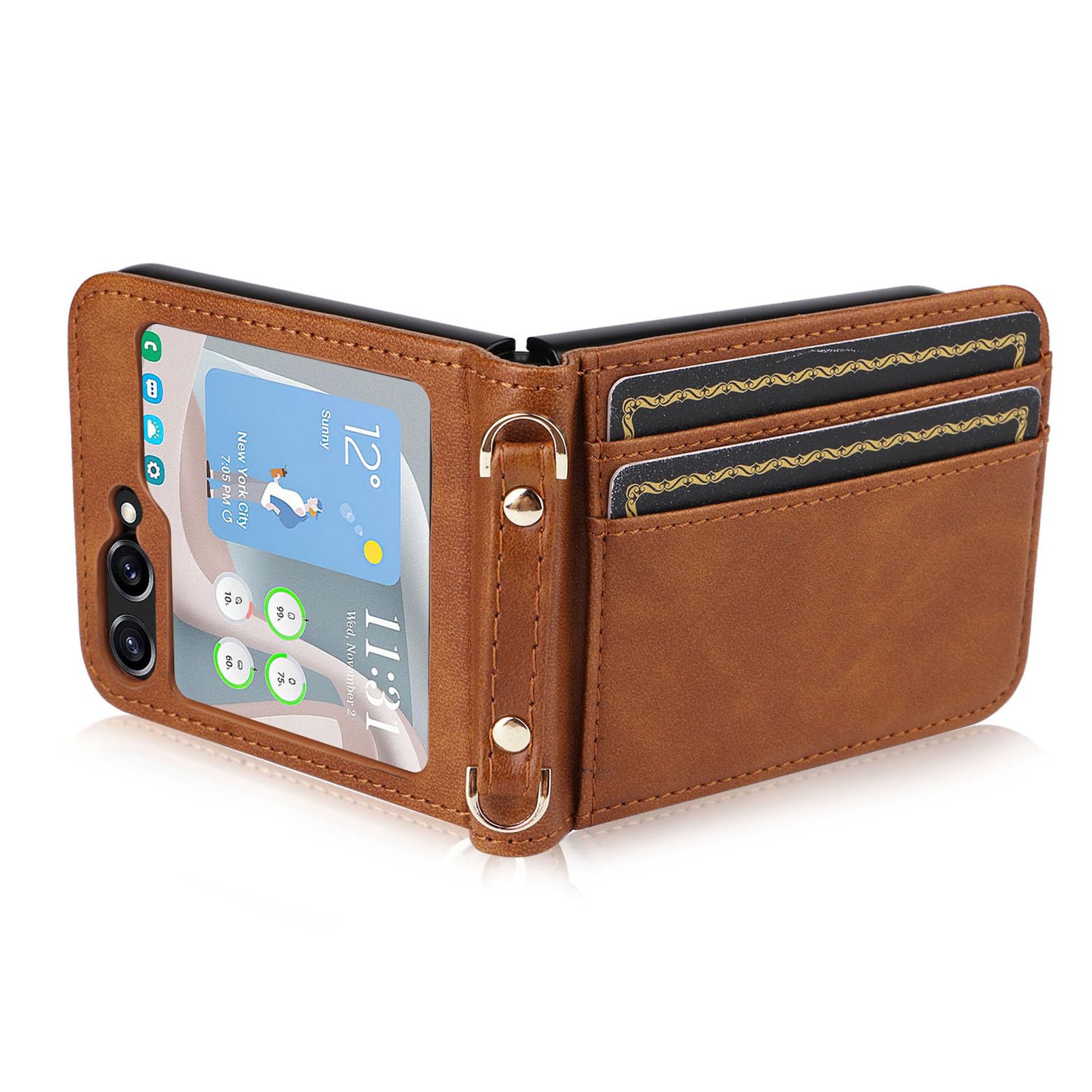 MistWorld for Samsung Galaxy Z Flip 5 Wallet Case with Shoulder Strap, Leather Case Hinge Protection, for Samsung z flip5 Card Case Women's Case with Lanyard Security Loss and Shock Phone case