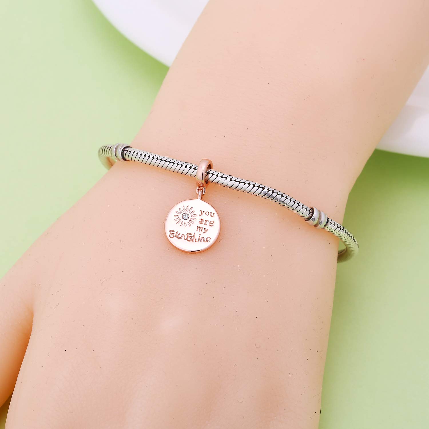 PAIYUAN Rose Gold You are My Sunshine Charms 925 Sterling Silver Crystal Dangle Charm for European Bracelet