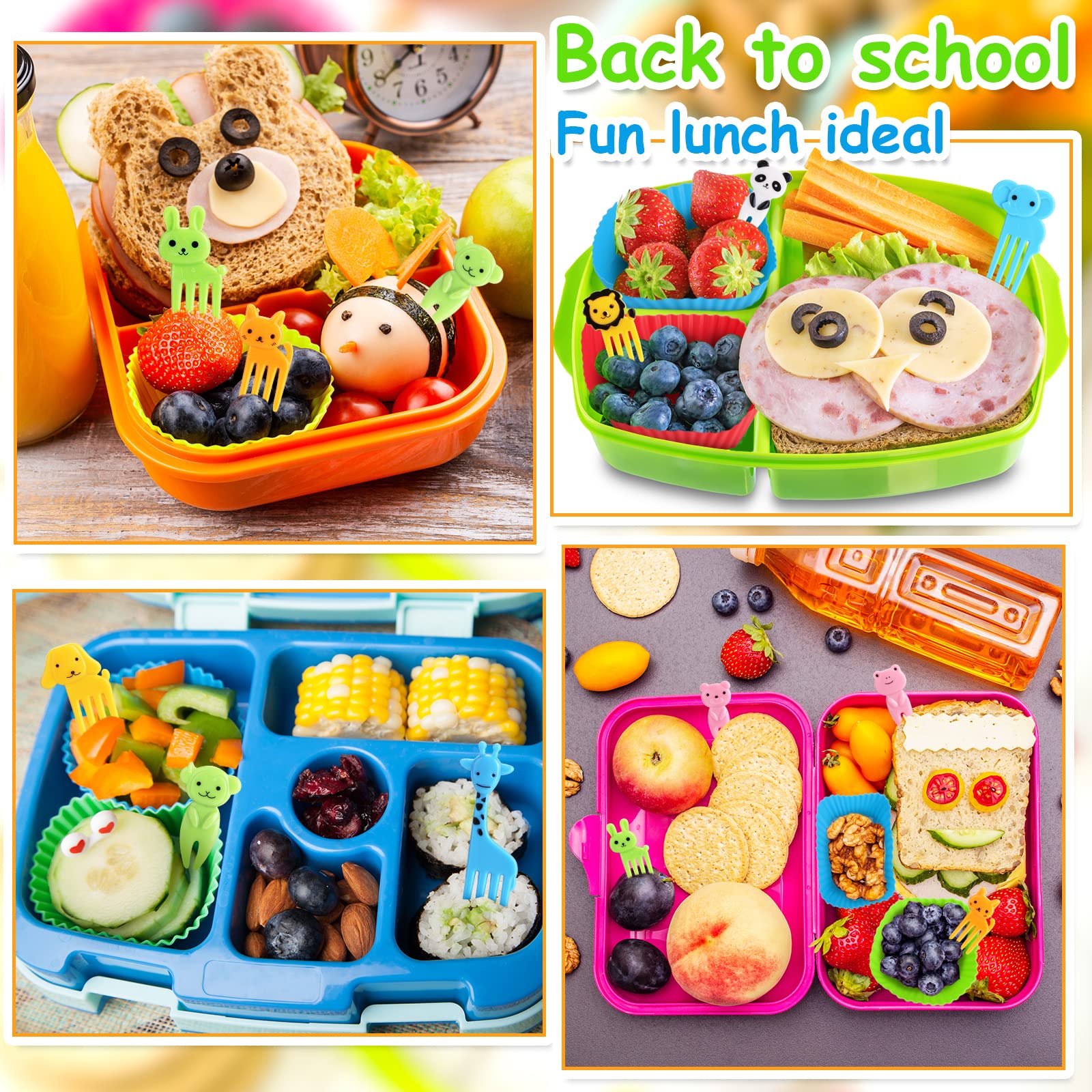 Piklodo 80Pcs Slicone Lunch Box Dividers, 60Pcs Silicone Dividers and 20Pcs Fruit Food Picks, Reusable Lunch Box Divider Inserts Multicolor Silicone Cupcake Liners Lunch Accessories