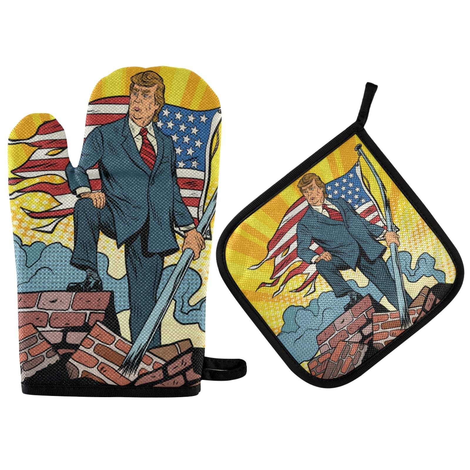 Trump Oven Mitts and Pot Holders Sets Heat Resistant Hot Pads USA Flag Cooking Gloves Handling Kitchen Cookware Bakeware BBQ