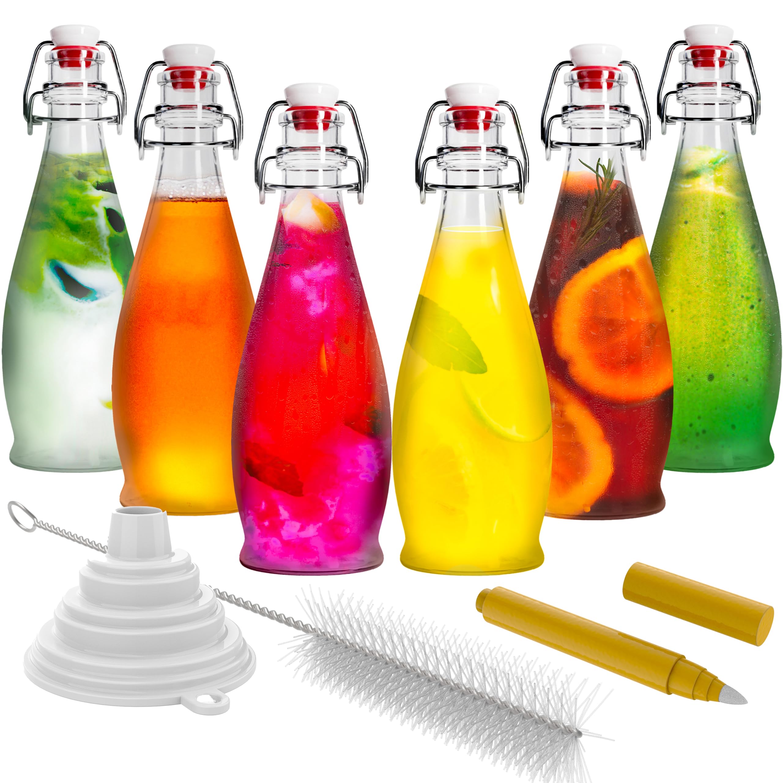 Nevlers Set of 6 | 8.5 Oz. Glass Bottle Set with Swing Top Stoppers and Includes Bottle Brush, Funnel and Gold Glass Marker | Swing Top Glass Bottles | Clear Glass Water Bottle