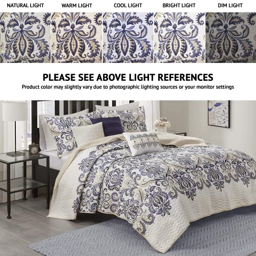 Madison Park Quilt Traditional Damask Design All Season, Lightweight Coverlet Bedspread Bedding Set, Matching Shams, Pillows, King/Cal King(104"x94"), Navy/White 6 Piece