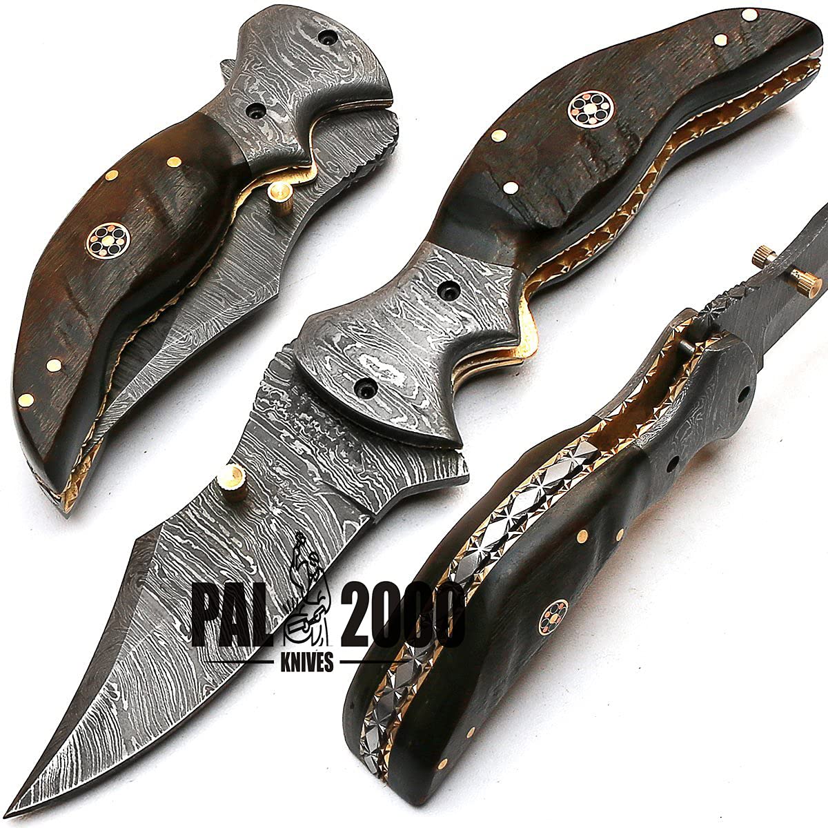 PAL 2000 HUNTING KNIVES Mmbm-8848 - Damascus Folding Knife - Handmade Damascus Steel - Damascus Pocket Knife - Ram Horn Handle