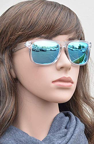 PZ Clear Frame Polarized Square Sunglasses Women Men - UV Protection Color Mirror Lens - Retro (3 Pack Transparent + Blue, Green, Red)