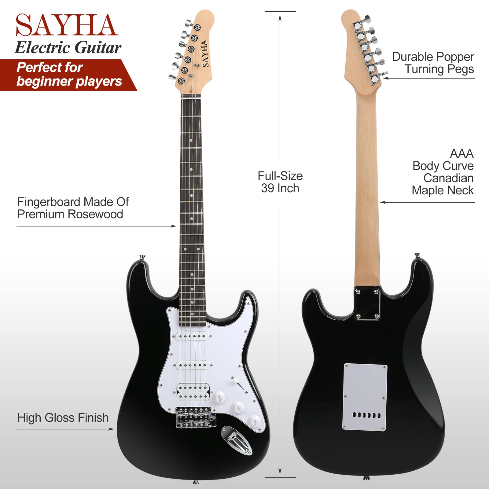 SAYHA Electric Guitar, 39 Inch Solid Full-size Electric Guitar HSS Pickups Starter Kit Includes Amplifier, Bag, Digital Tuner, Strap, String, Cable, Picks(Black)