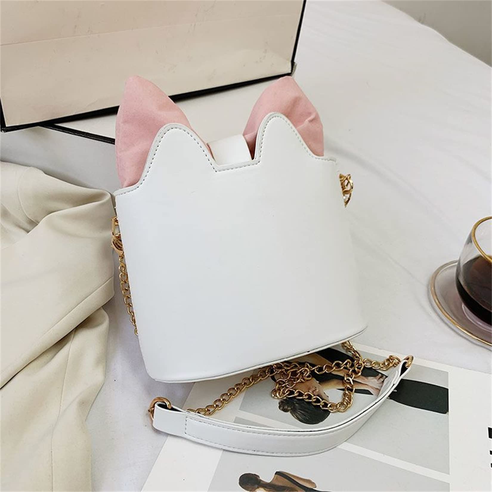 Women Cute Cat Bowknot Magnetic Snap Closure Small Bucket Bag Kawaii Purses Shoulder Handbags (White)