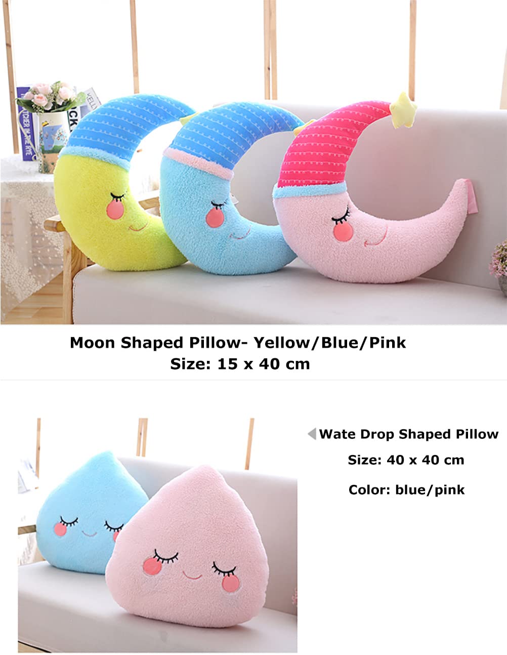 unlockgift Moon Shaped Pillows Plush Star Cloud Water Drops Cute Throw Pillows for Bedroom/Play Room/Nursery Decoration-Pink-Cloud