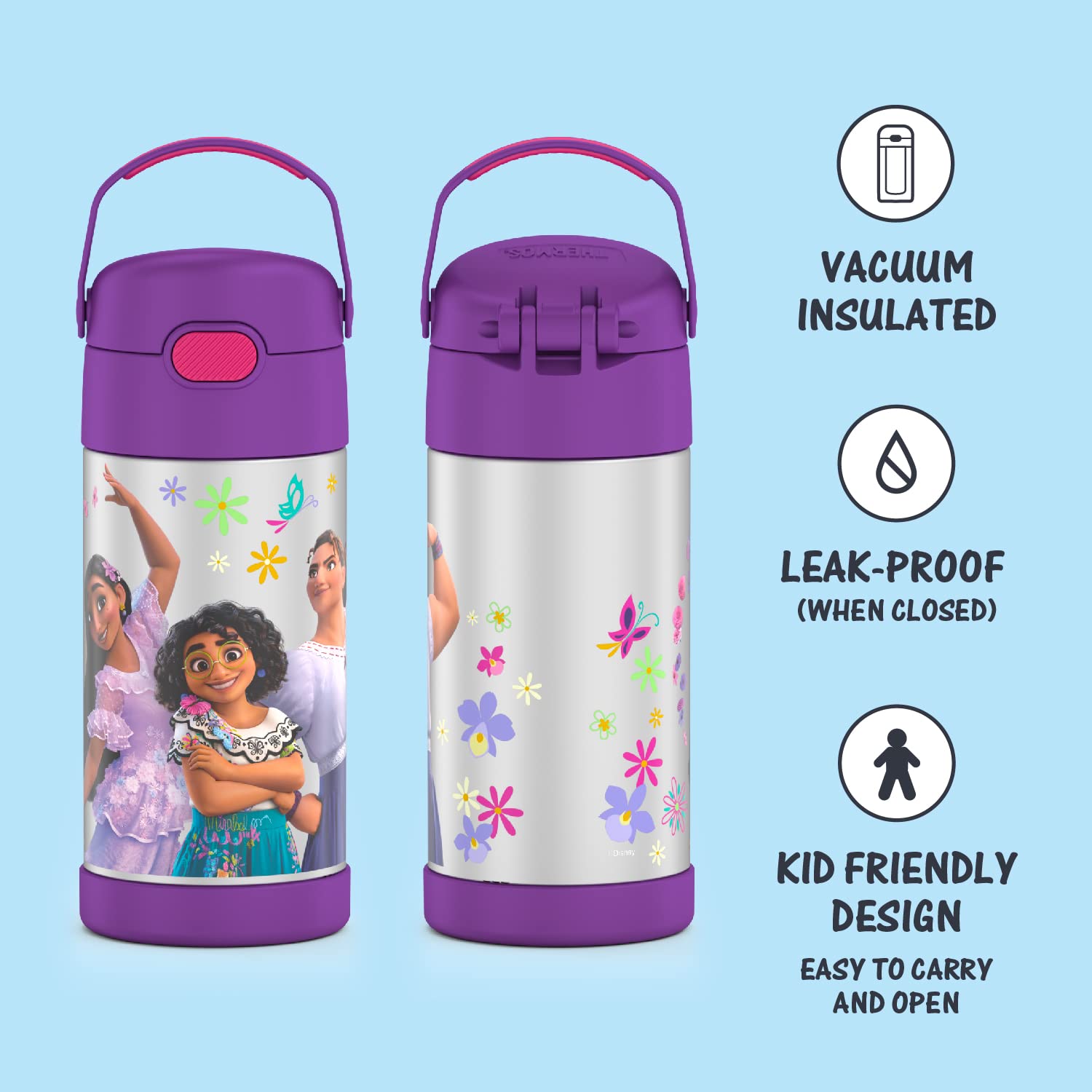 THERMOS FUNTAINER 12 Ounce Stainless Steel Vacuum Insulated Kids Straw Water Bottles | Encanto and Spider-Man