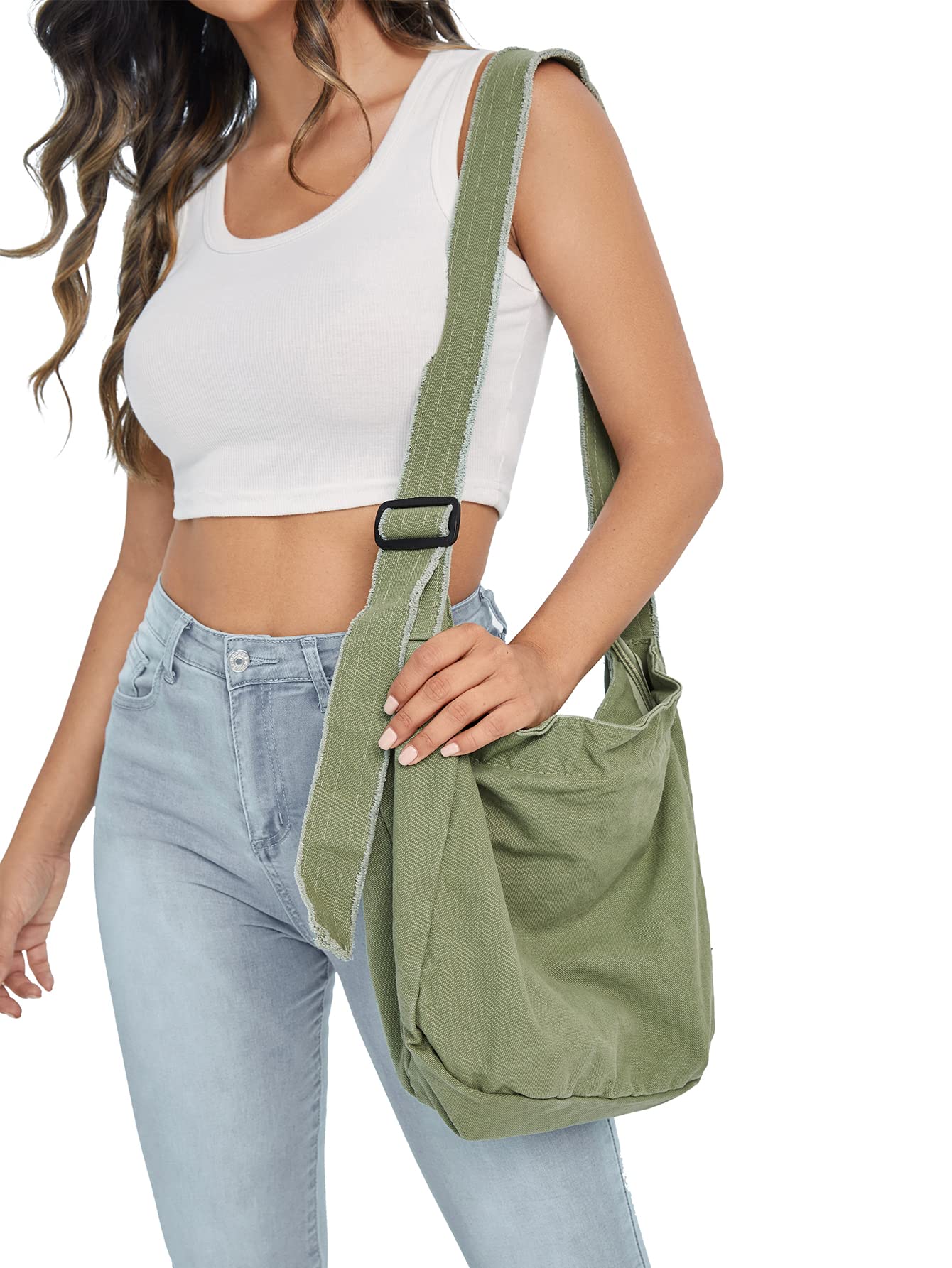 WDIRARA Women's Shoulder Handbags Adjustable Strap Hobo Bags Canvas Tote Bag Green one-size