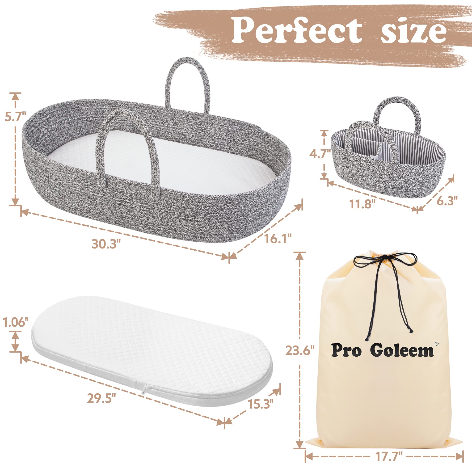 Pro Goleem Baby Diaper Changing Basket, Portable Easy to Clean Moses Basket for Newborn Babies with 1 Foam Pad 2 Waterproof Pad Covers and 1 Diaper Caddy Organizer