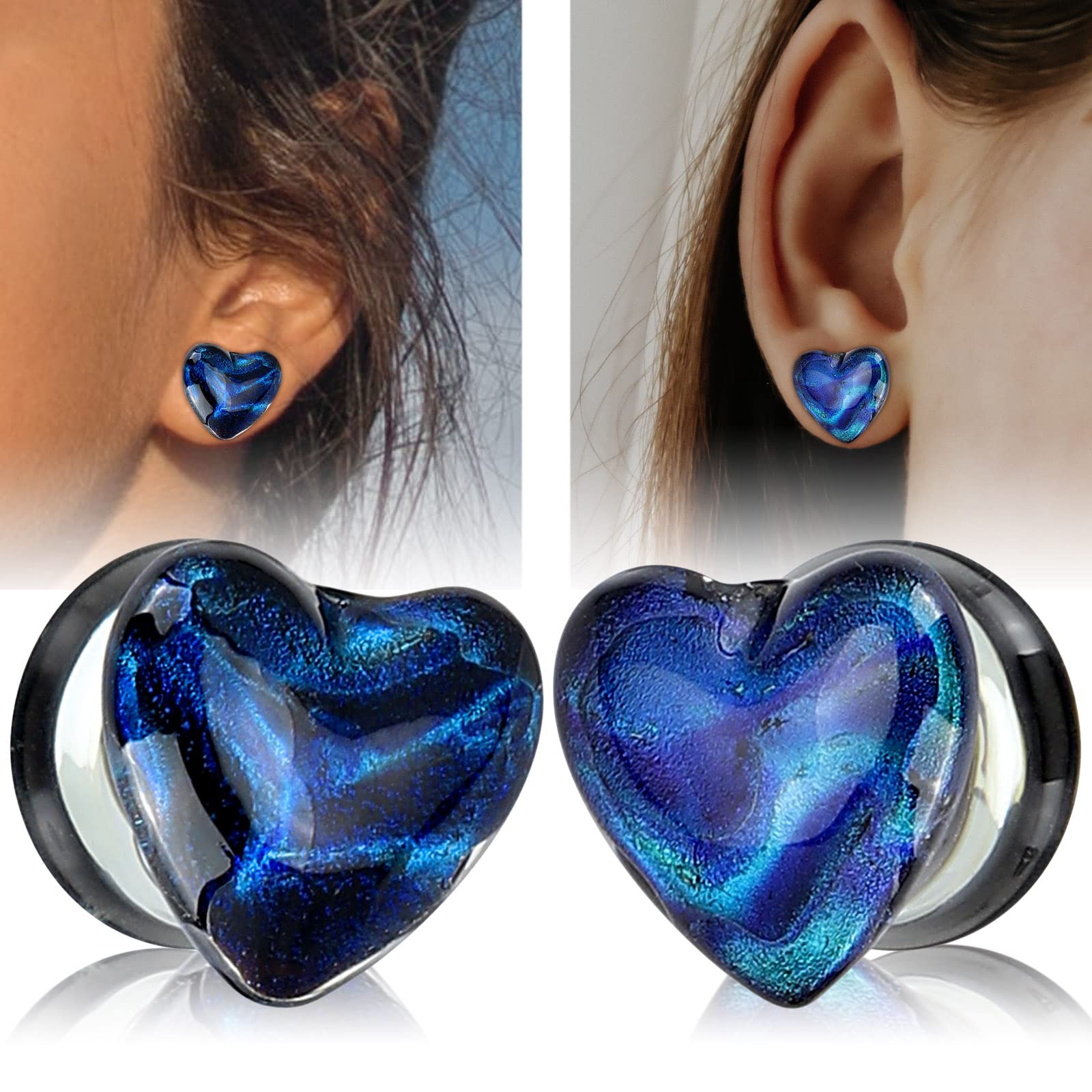Oyaface 4PC Heart Shape Glass Ear Tapers Plugs Double Flare Gauges Piercing Jewelry Set Purple&Blue 12mm(1/2")