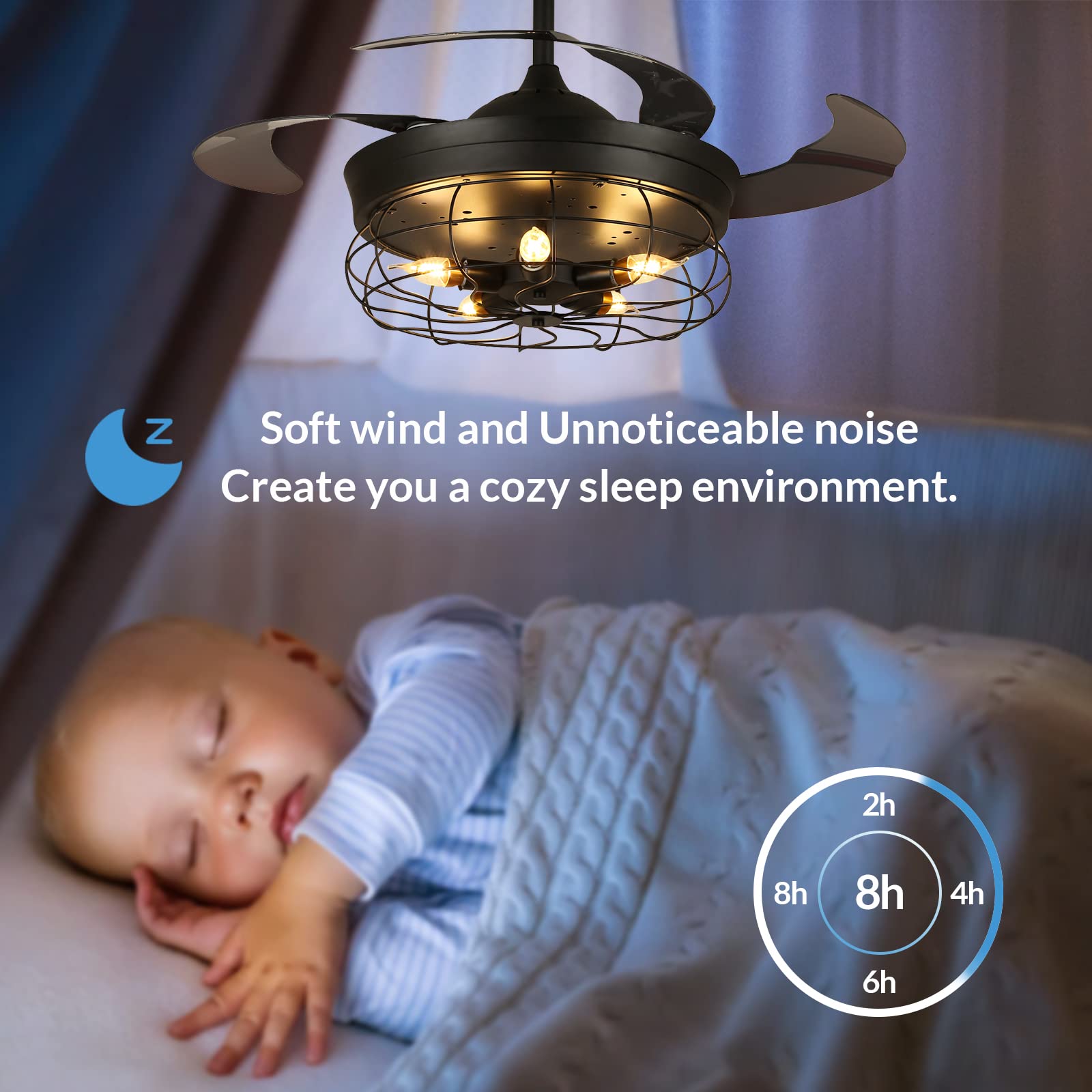 NOXARTE 36 Inch Industrial Ceiling Fan with Lights Remote Control Black Caged Chandelier Reverse Retractable Blades for Living Room Kitchen Island