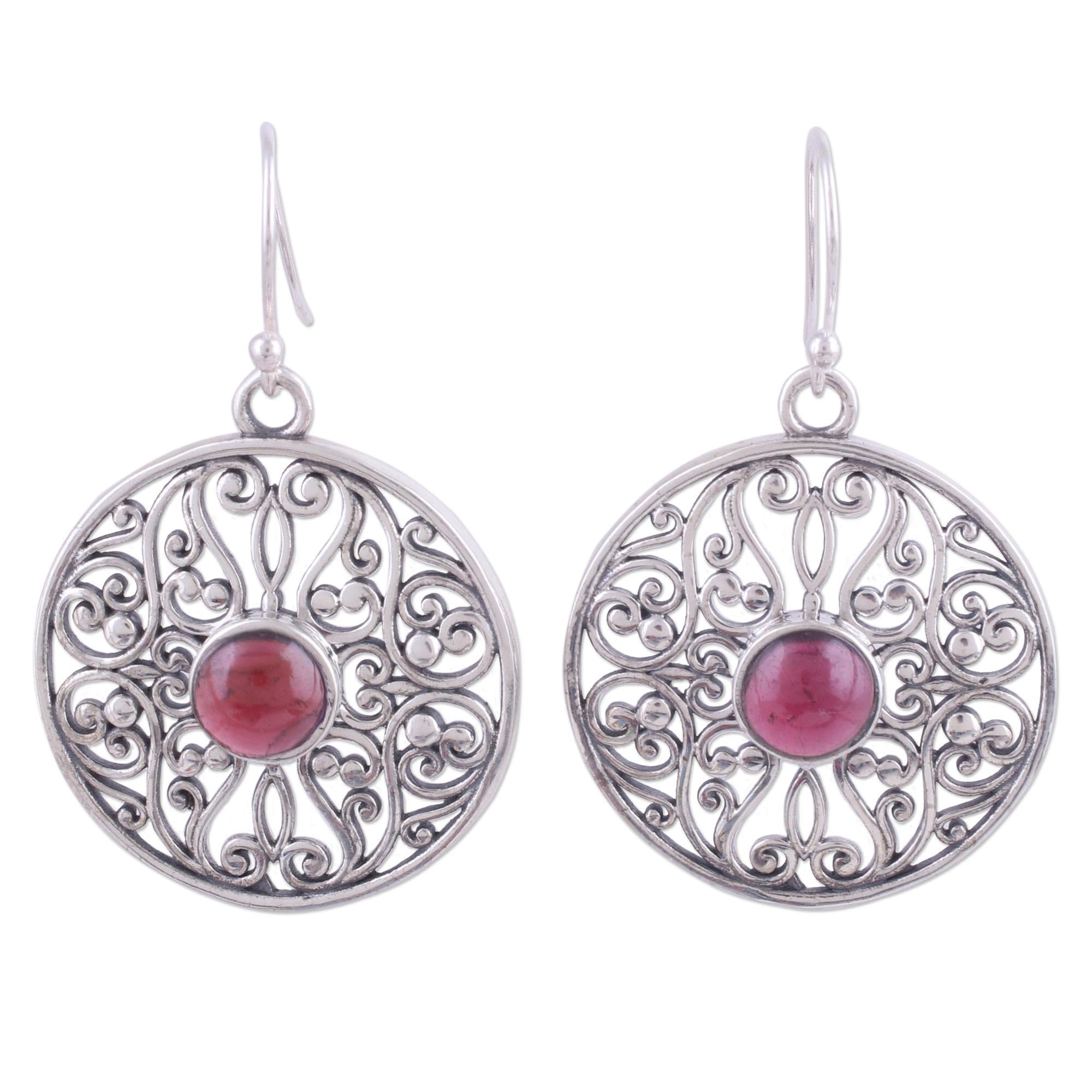 NOVICA Artisan Handmade Garnet Dangle Earrings Crafted Sterling with Garnets Silver Red India Birthstone [1.8 in L x 1.1 in W x 0.2 in D] ' Shalimar Gardens'