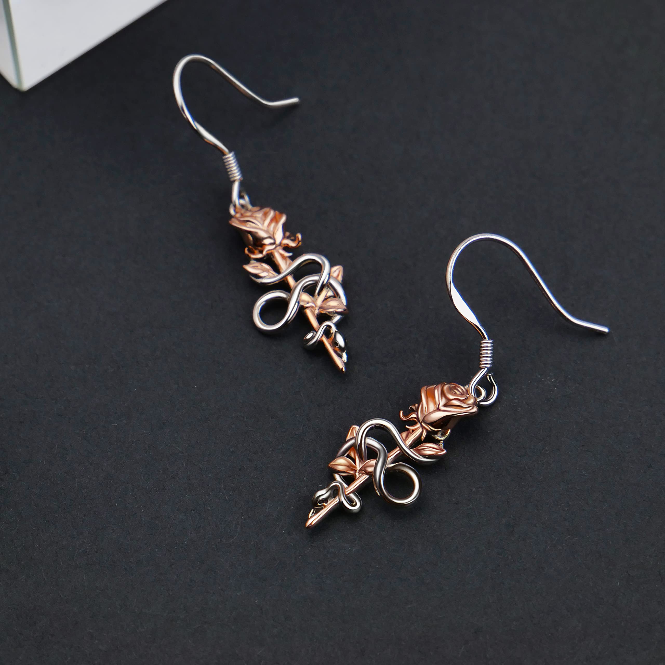 Rose Flower Earrings Sterling Silver Snake Rose Flower Dangle Drop Earrings Snake Jewelry Gifts for Women