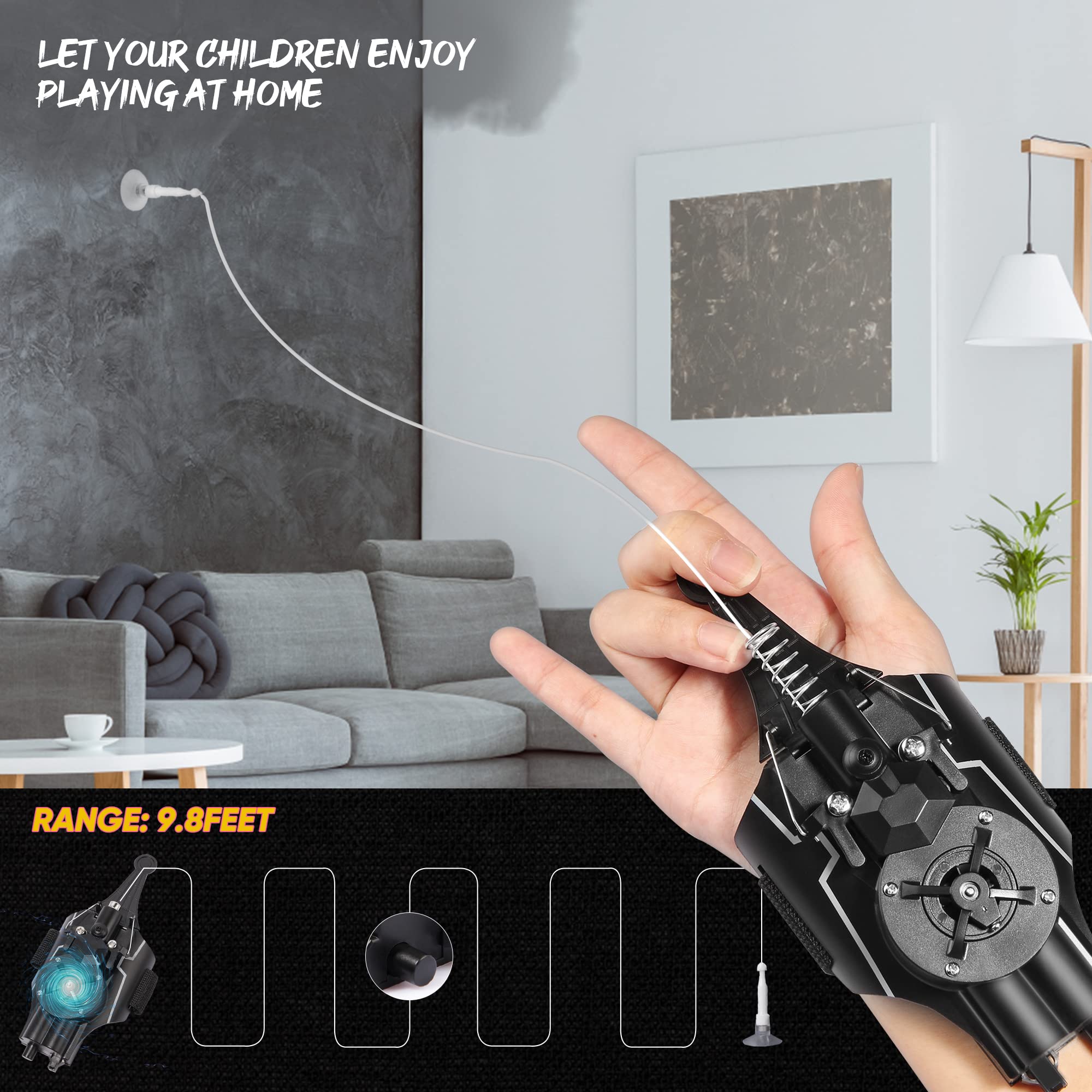 Web Launcher String Shooters Toy, [Electric Reel-in] Spider String Shooter Real Silk [9.6ft Range] Superhero Role-Play Toy Great Gift for Men and Kids (Black).