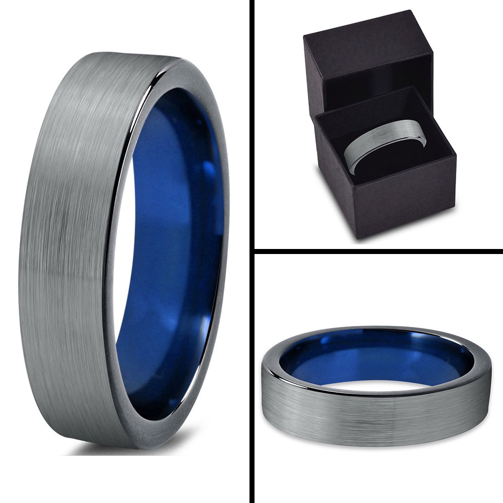 P. Manoukian Tungsten Carbide Wedding Band Ring 4mm for Men Women Blue Interior with Black Grey Exterior Flat Cut Brushed Polished Comfort Fit Anniversary Size 8