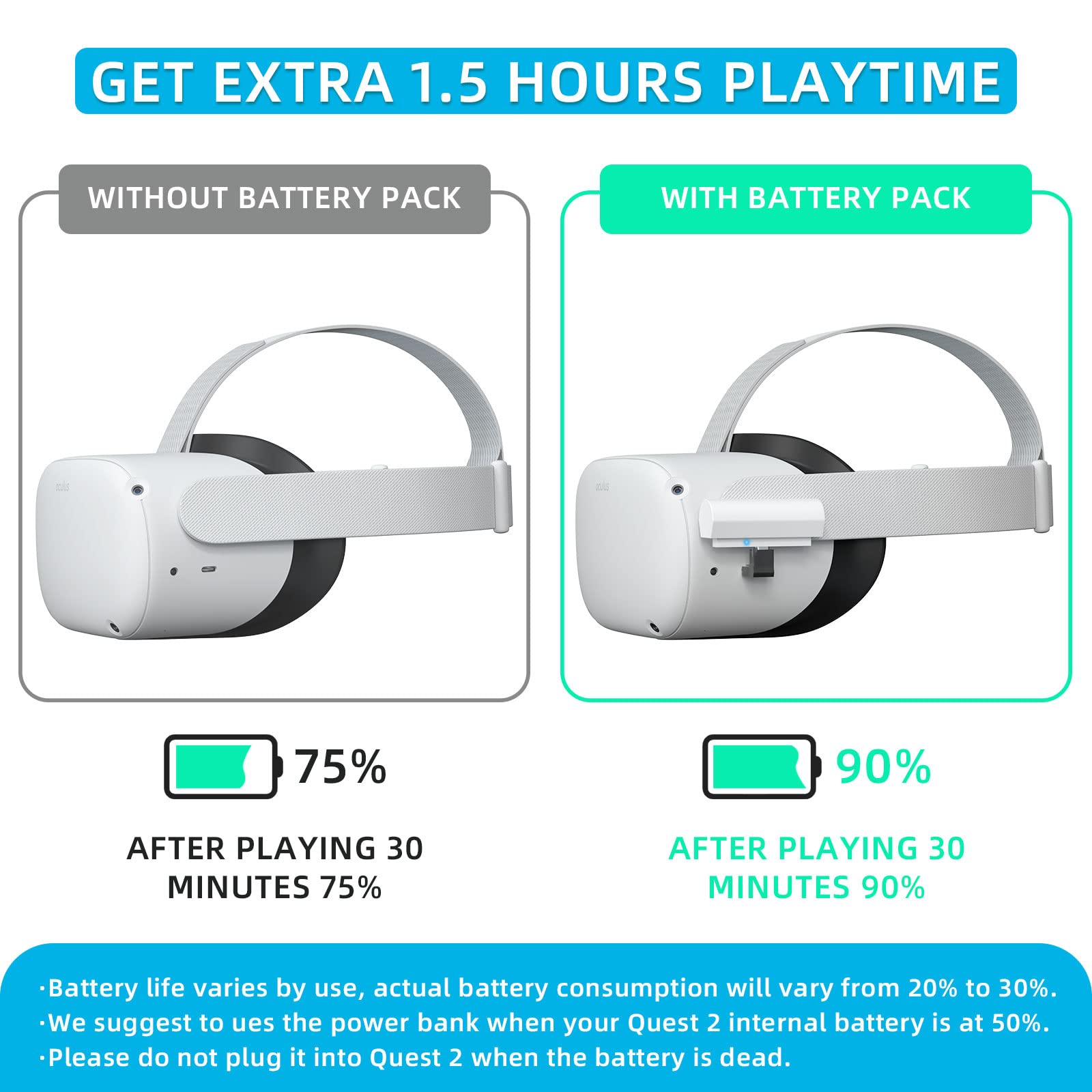 RCGEEK Battery Pack for Oculus Quest 2 Power Bank, 3000mAh Small Qculus Quest 2 Battery Pack Portable Charger, Ultra Compact & Lightweight, Extra Play Time