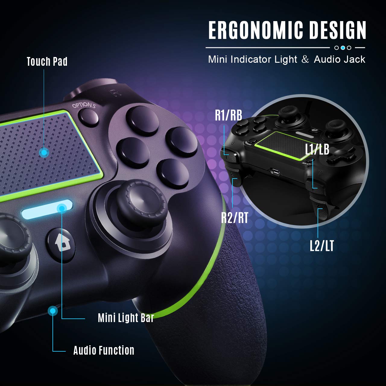 predark P S-4 Controller Wireless Game Compatible with PC with Motion Motors and Audio Function, Mini LED Indicator, USB Cable and Anti-Slip 【Upgraded Version】- Green