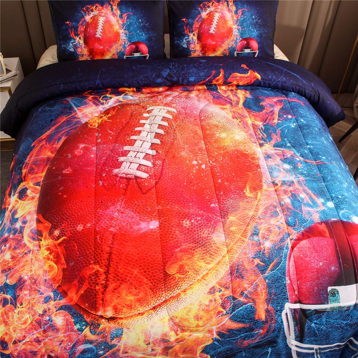 NTBED American Football Comforter Sets Queen Size for Boys Teens, 3-Pieces Sports Bedding Comforter Rugby Quilt Set (Blue, Queen)