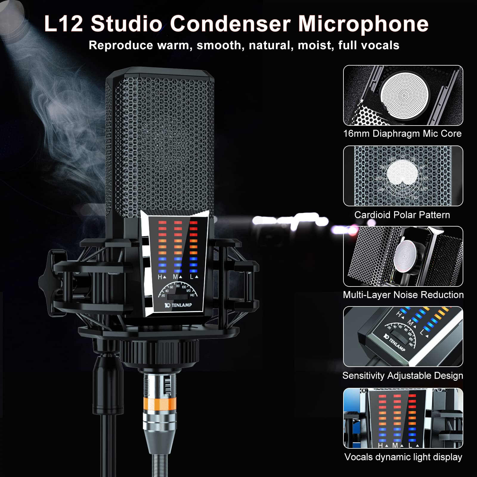 Podcast Equipment Bundle, tenlamp Audio Mixer with Live Sound Card and L12 Podcast Microphone Bundle, All-In-One Podcast Kit for PC or Cellphone Live Streaming, Music Studio Recording, Guitar