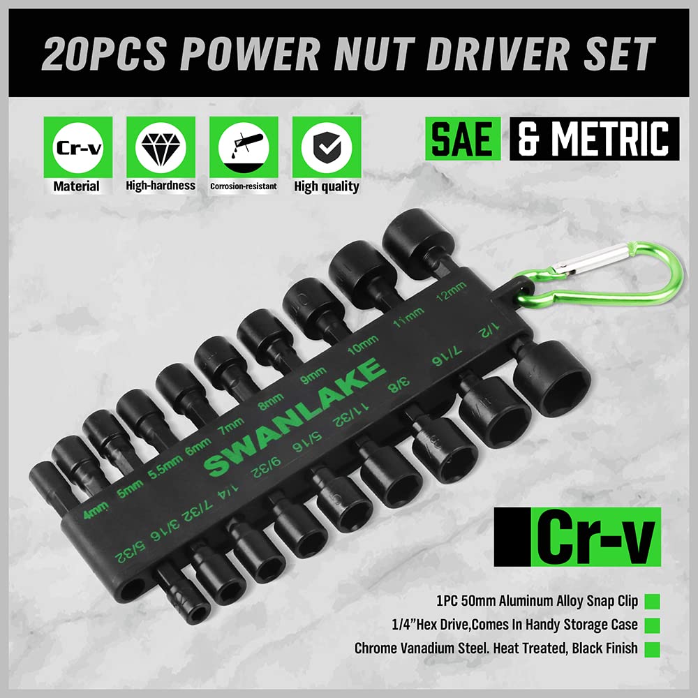 SWANLAKE 20PCS Power Nut Driver Set for Impact Drill, 1/4β Hex Head Drill Bit Set SAE and Metric