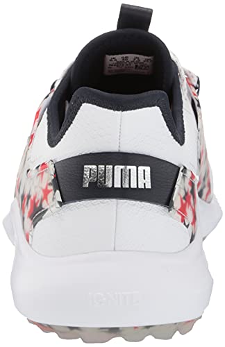 PUMA Men's Ignite Fasten8 USA Golf Shoe, White-Navy Blazer-High Risk Red, 7