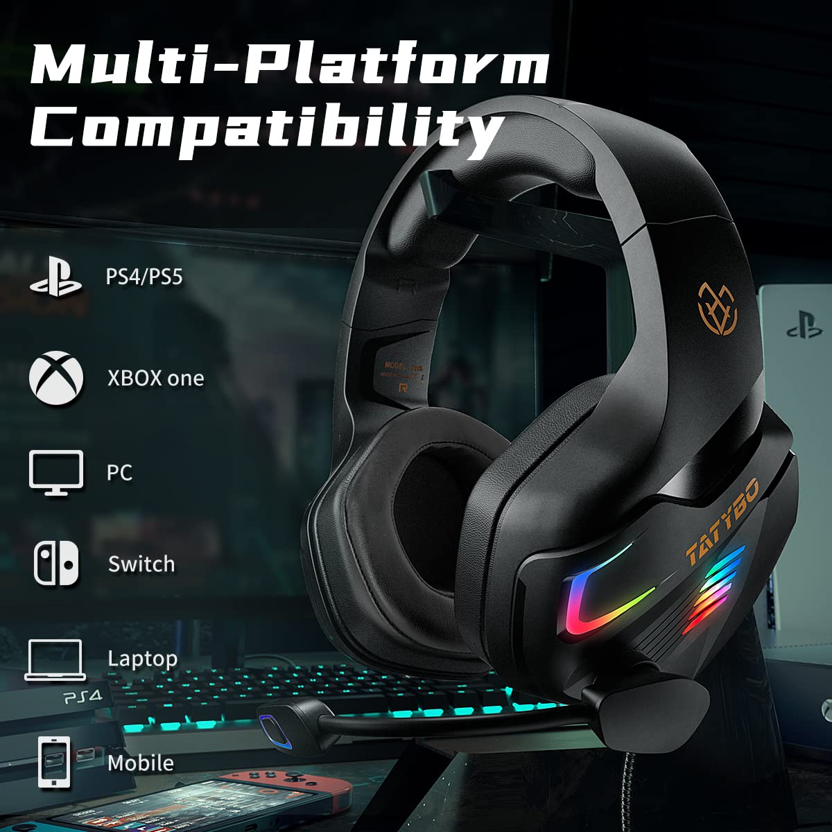 Tatybo Gaming Headset with Mic for PC PS4 PS5 Xbox One Series X/S Switch, PS4 Headset with Super Big Earmuffs & 4 Modes RGB Light, Black (XW3)