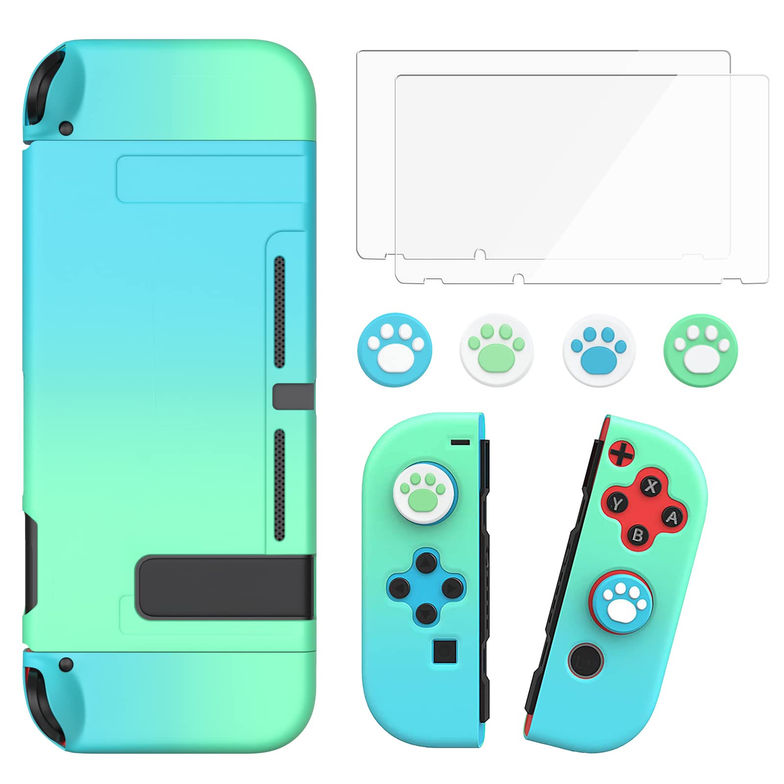 MoKo Dockable Case Compatible with Nintendo Switch,Protective Cover Compatible with Switch Console and Joy-Con Controller,4 Thumb Grip Caps & 2 HD-Clear Tempered Glass Screen Protectors, Blue + Green