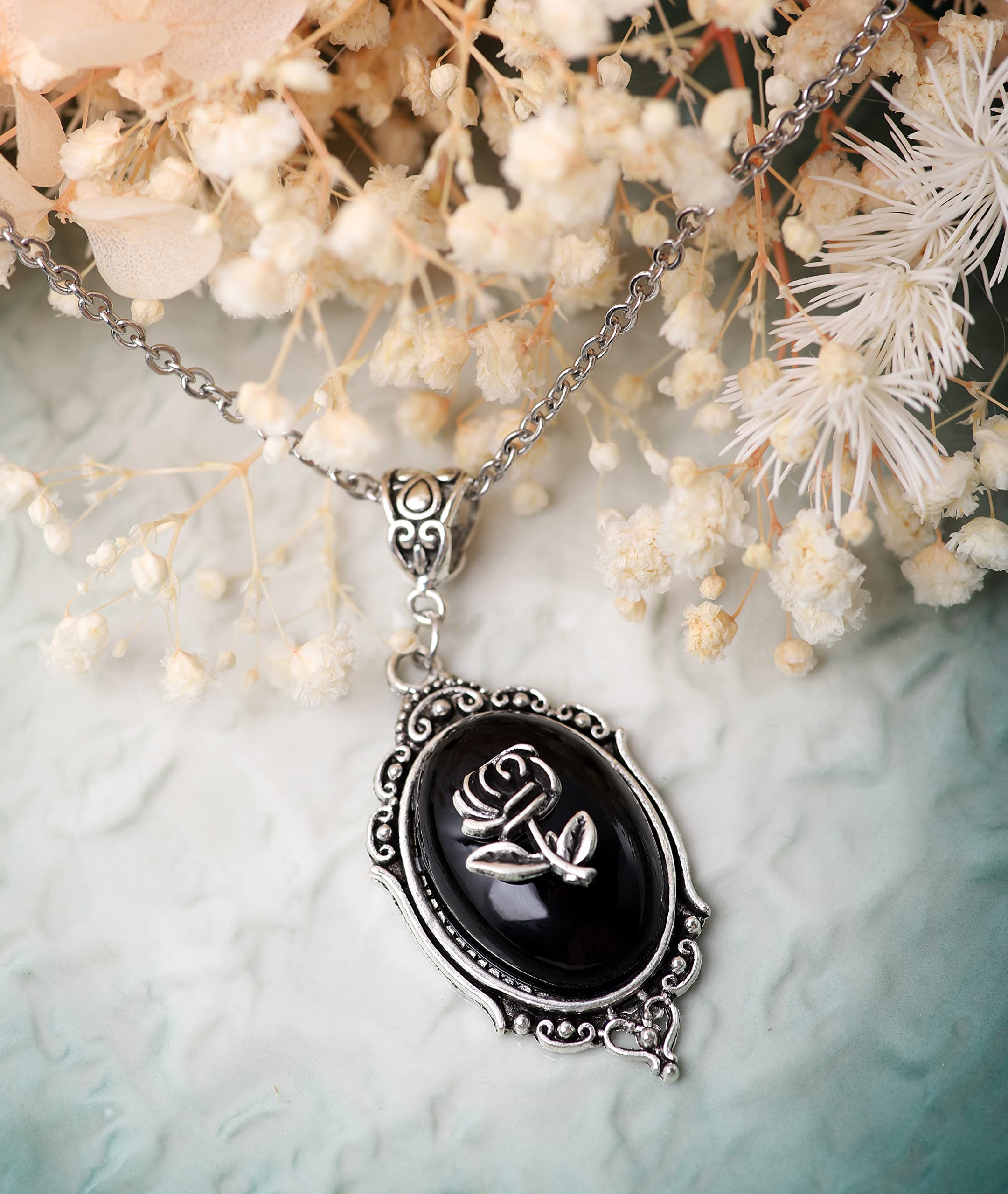 Sacina Gothic Celtic Rose Necklace, Stainless Steel Rose Pendant, Halloween Goth Celtic Jewelry Gift for Women (Black Victorian Rose)