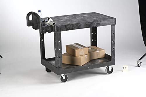 Rubbermaid Commercial Products 2-Shelf Utility/Service Cart, Medium, Flat Shelves, Ergonomic Handle, 500 lbs. Capacity, for Warehouse/Garage/Cleaning/Manufacturing (FG452500BLA)