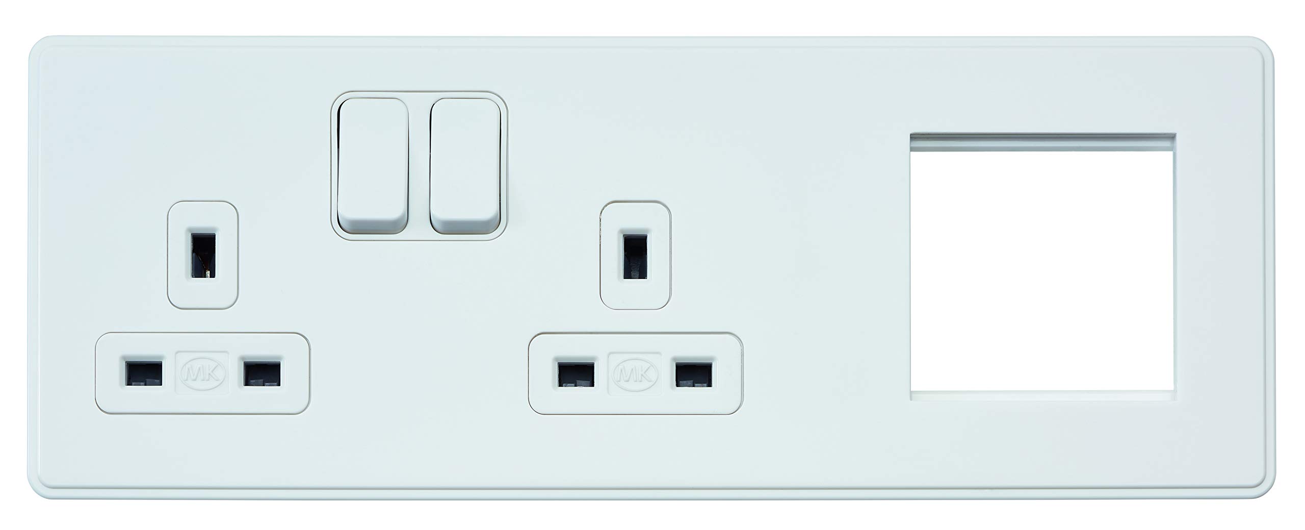 MK Dimensions 2 Gang Combi Switch Socket White Synthetic Finish Multimedia Plate with Left Side Euro Frame