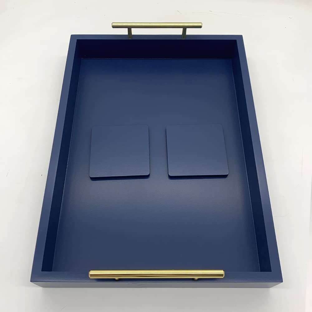 Simoei Serving Tray, Deluxe Tray for Coffee Table with Polished Gold Metal Handles and 2 Coasters, Living Room Bathroom Organizer Modern Decorative Tray, for Storage Or Display (Blue)
